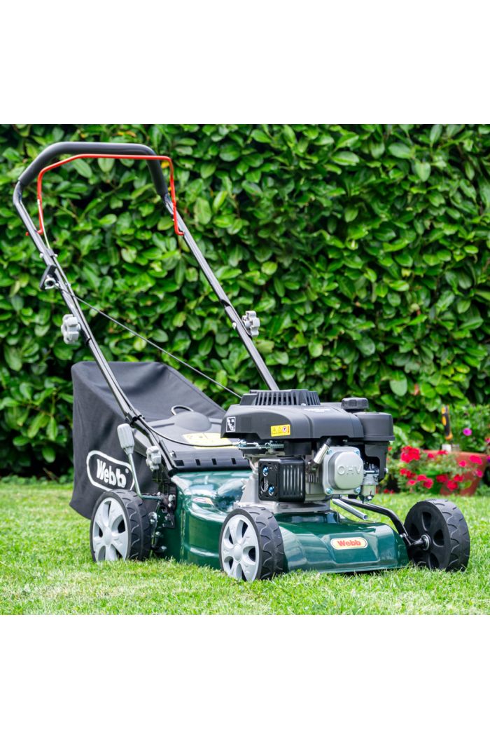 Webb Petrol Lawn Mowers. 4-Wheel & Rear Roller Rotary Mowers